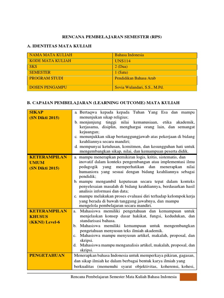 RPS Mata Kuliah Bahasa Indonesia | PDF | Karier & Perkembangan | Seni ...
