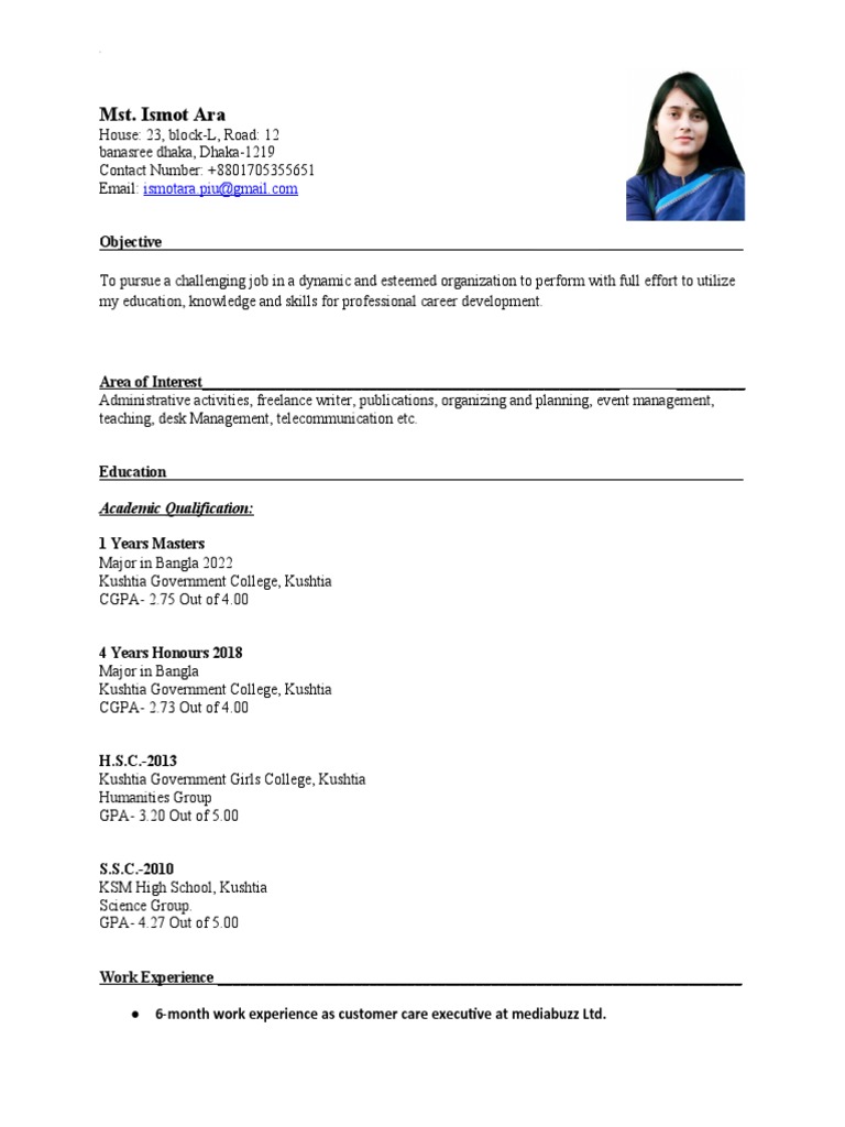 Resume of Mst. Ismot Ara | PDF | Bangladesh | Communication