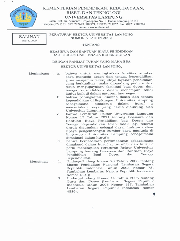 6 Salinan Peraturan Rektor Nomor 6 Tahun 2022 Tentang Beasiswa Dan ...