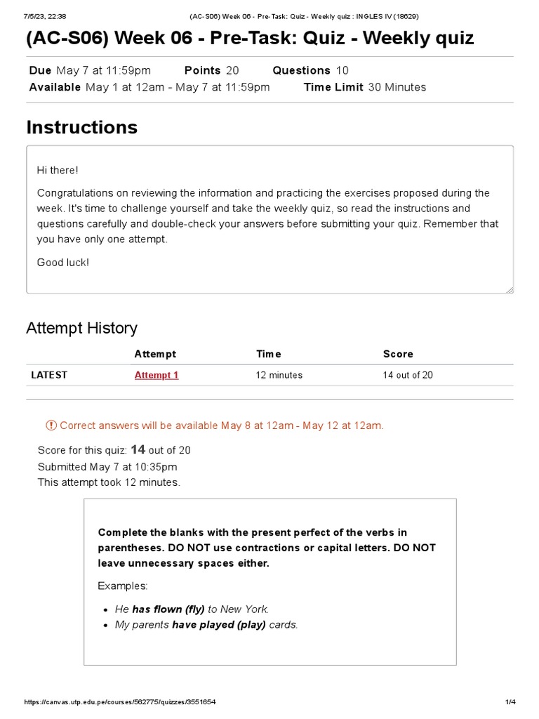 Week 06 Quiz: Present Perfect Practice | PDF
