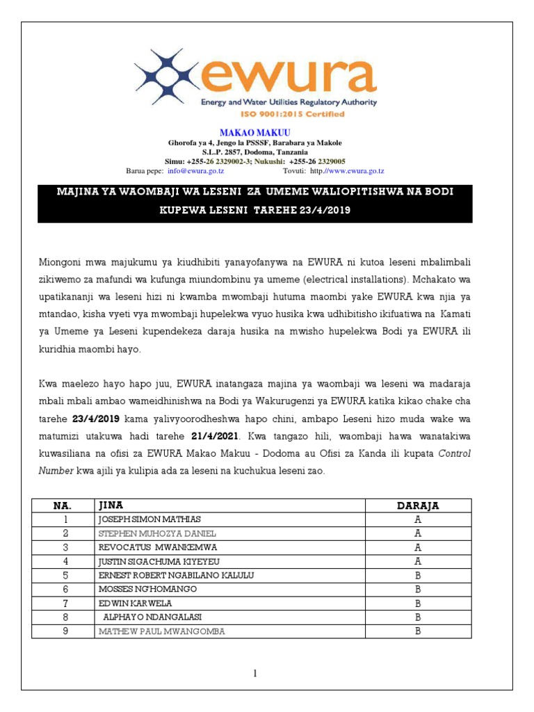 Waombaji Leseni Za Umeme Aprili 2019 1 | PDF