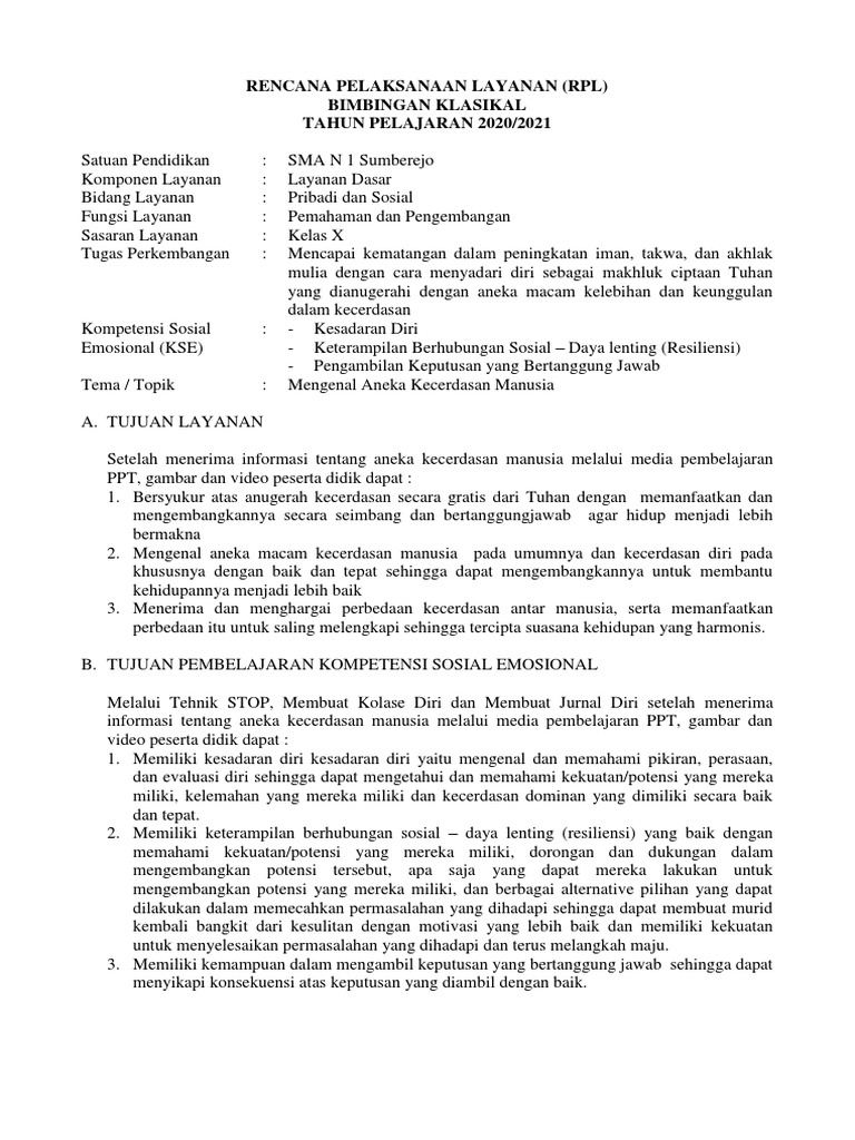 Rencana Pelaksanaan Layanan (RPL) Bimbingan Klasikal Tahun Pelajaran ...