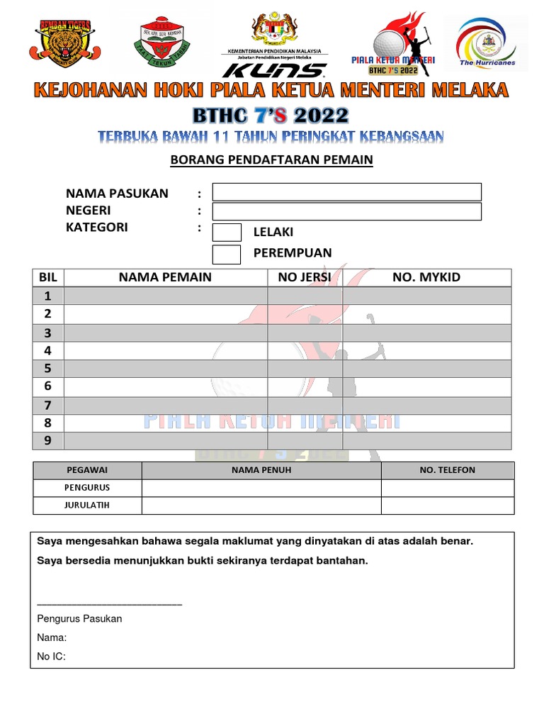 Borang Pendaftaran Pemain Kejohanan Hoki BTHC 7'S 2022 | PDF