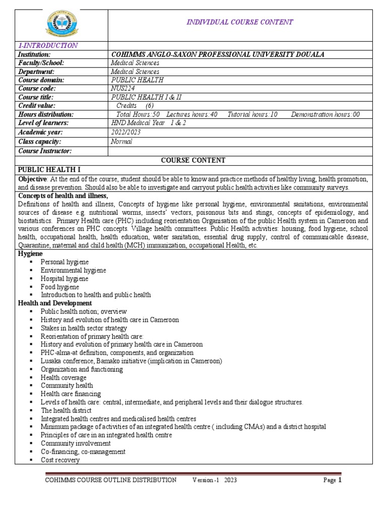 Public Health Course Outline NUS224 | PDF | Public Health | Preventive ...