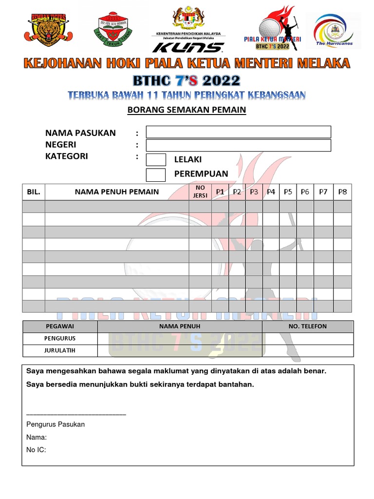 Borang Semakan Pemain Kejohanan Hoki BTHC 7'S 2022 | PDF