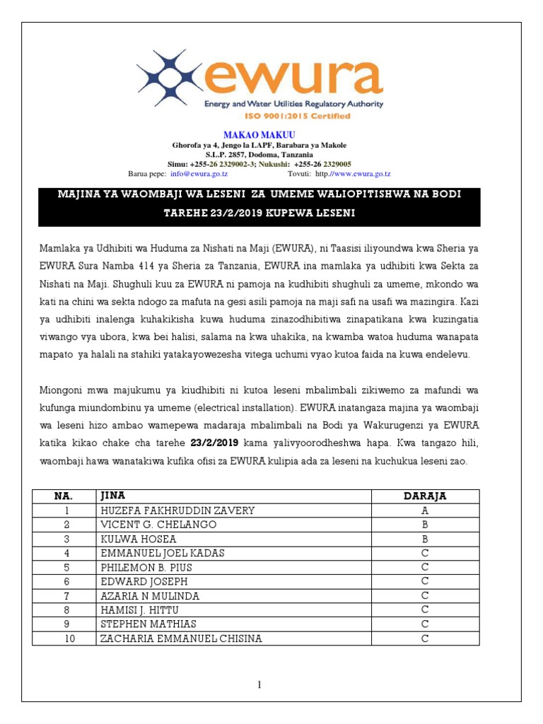 Majina Ya Waombaji Wa Leseni Za Umeme Waliopitishwa Na Bodi Mwezi Februari 2019 | PDF