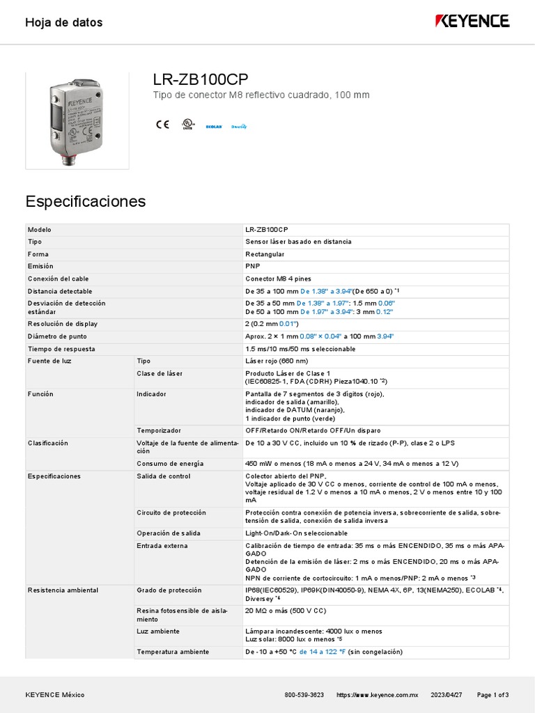 Hoja de datos del sensor LR-ZB100CP | PDF | Electricidad | Ingenieria Eléctrica