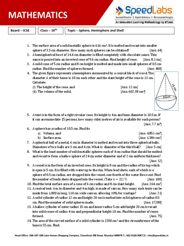 Cylinder Cone and Sphere - Important Qs - Surface Area and Volume - WQ ...