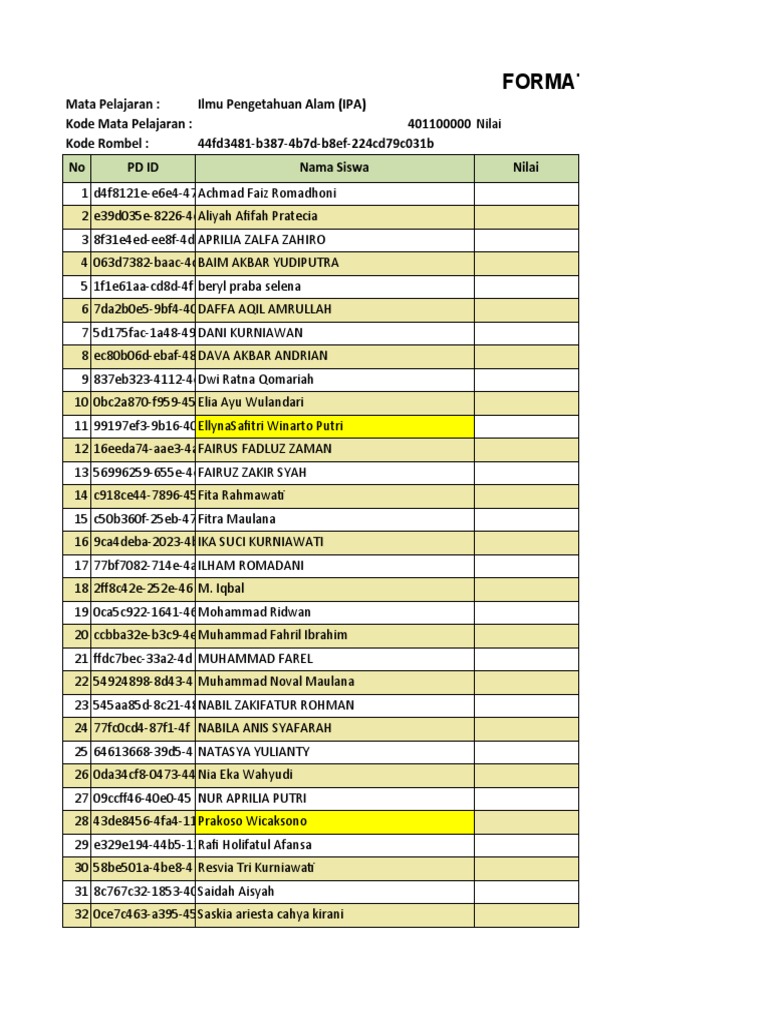 F - Nilai - Ilmu Pengetahuan Alam (IPA) - 7C | PDF