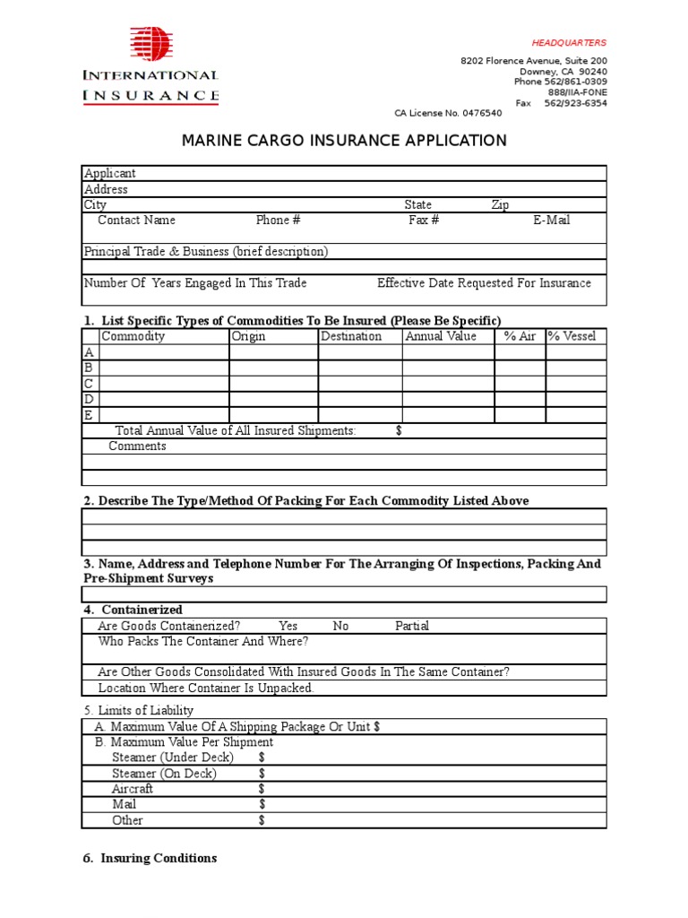 Marine Cargo Insurance Application Form | PDF | Cargo | Containerization