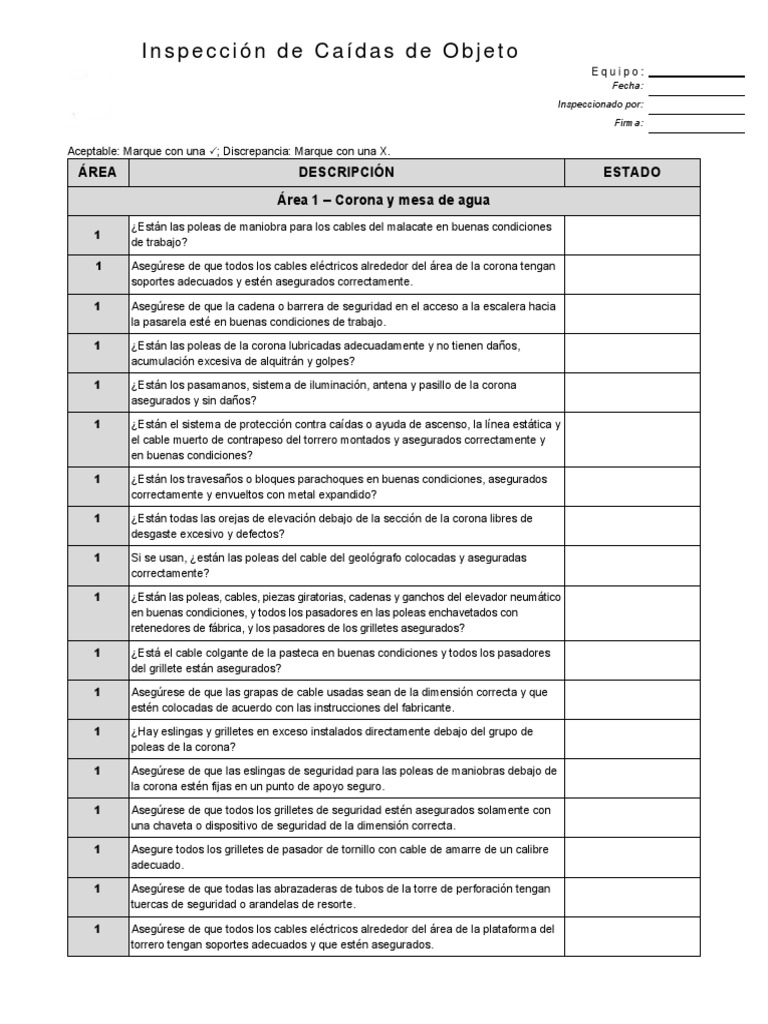 Inspeccion Caida de Objetos | PDF | Bienes manufacturados | Ingeniería mecánica