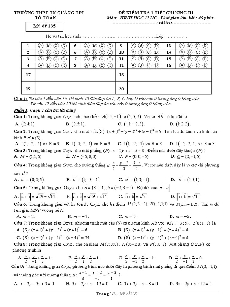 De Kiem Tra 1 Tiet Hinh Hoc 12 Chuong 3 Nam 2018 2019 Truong Thi Xa Quang Tri | PDF