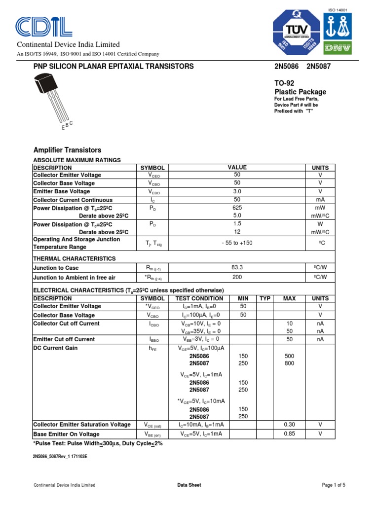 PNP Silicon Planar Transistors 2N5086/2N5087 | PDF | Bipolar Junction ...