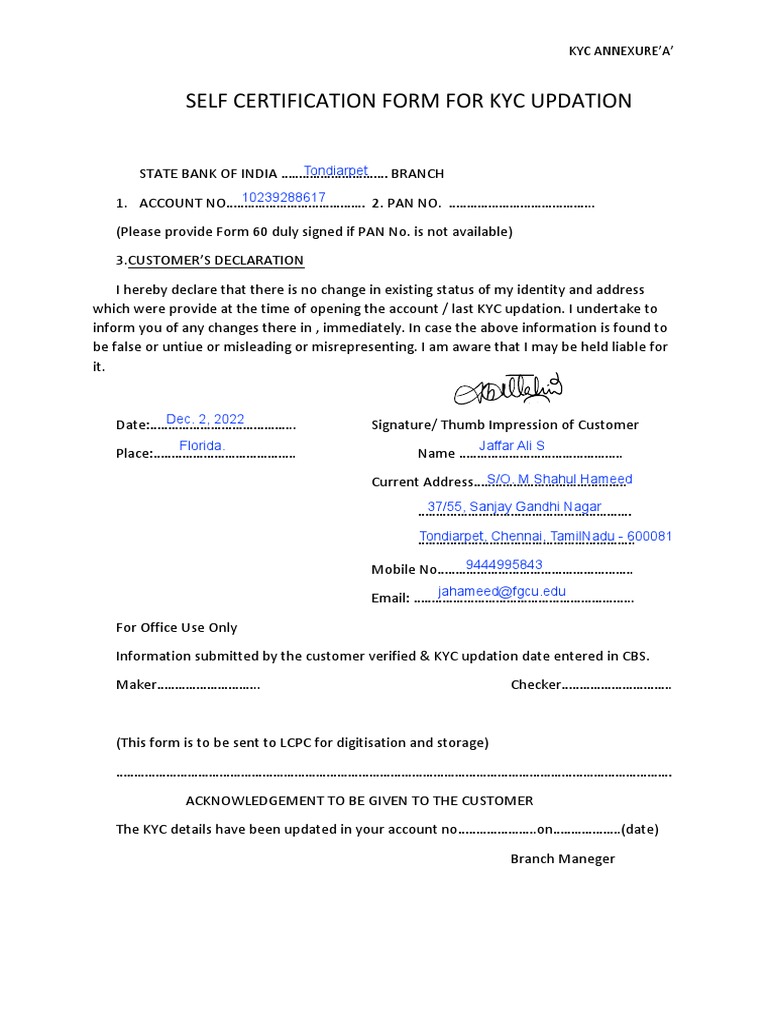 SBI KYC Annexure A Form | PDF | Finance & Money Management