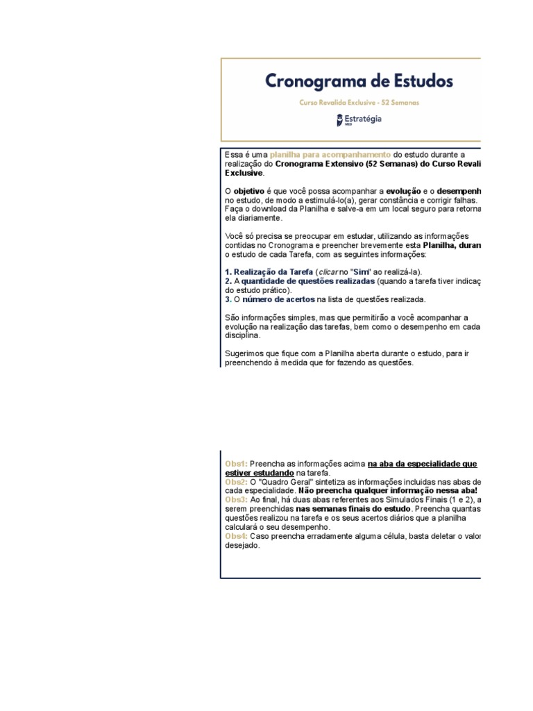 Planilha de Estudo - Cronograma Revalida Exclusive Extensivo | PDF ...