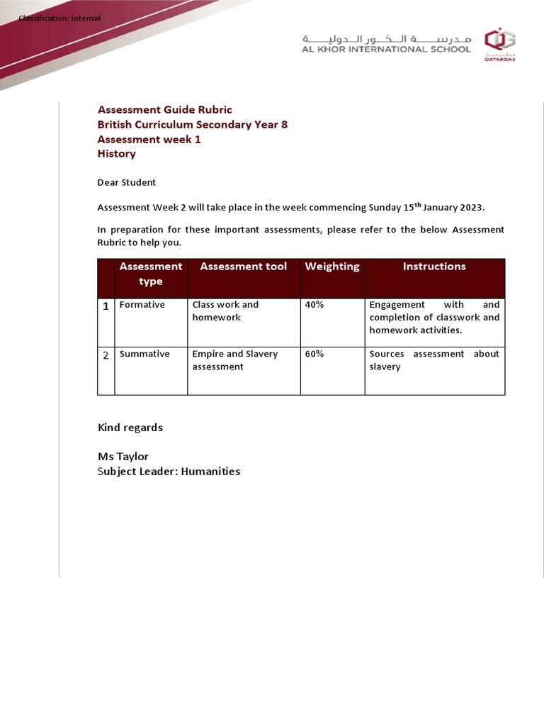Assessment Guide Rubric British Curriculum Secondary Year 8 Assessment ...