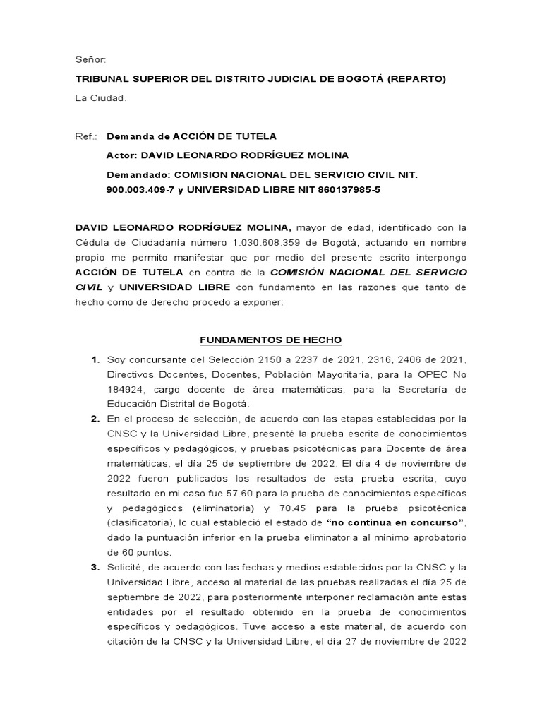 Tutela David Leonardo Rodriguez Molina | PDF | Debido al proceso ...