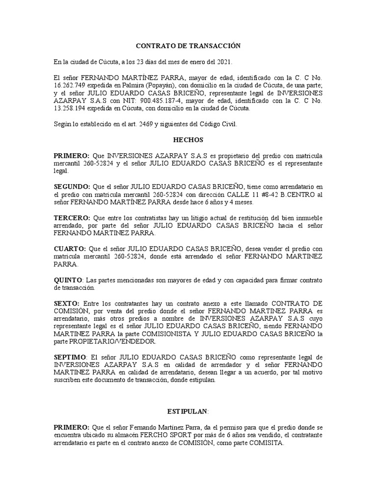 Contrato de Transaccion | PDF | Economias | Derecho privado