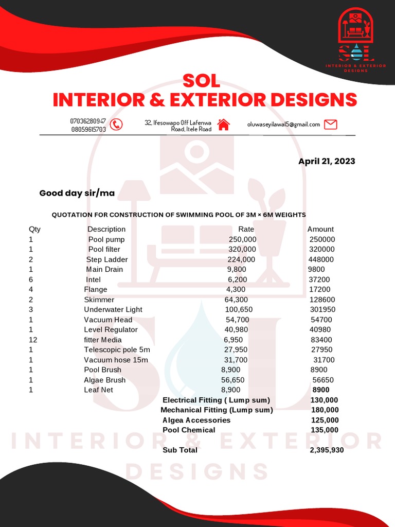 QUOTATION FOR CONSTRUCTION OF SWIMMING POOL OF 3M × 6M WEIGHTS.pdf | PDF