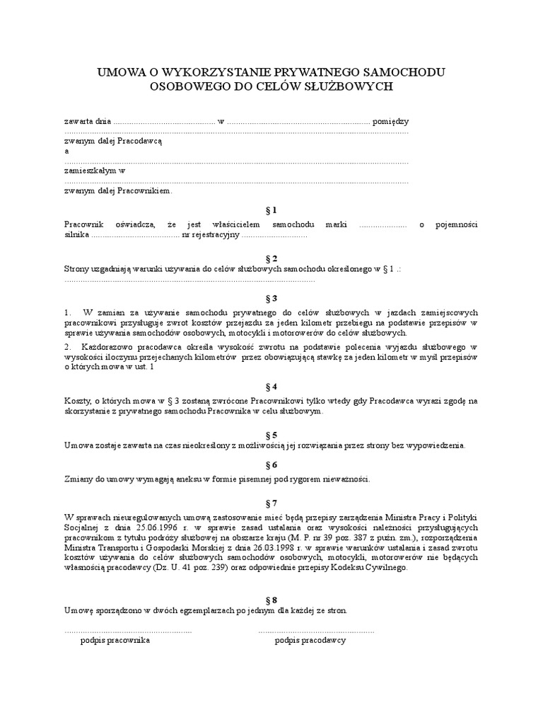 Umowa o Wykorzystaniu Prywatnego Samochodu Do Celow Sluzbowych | PDF