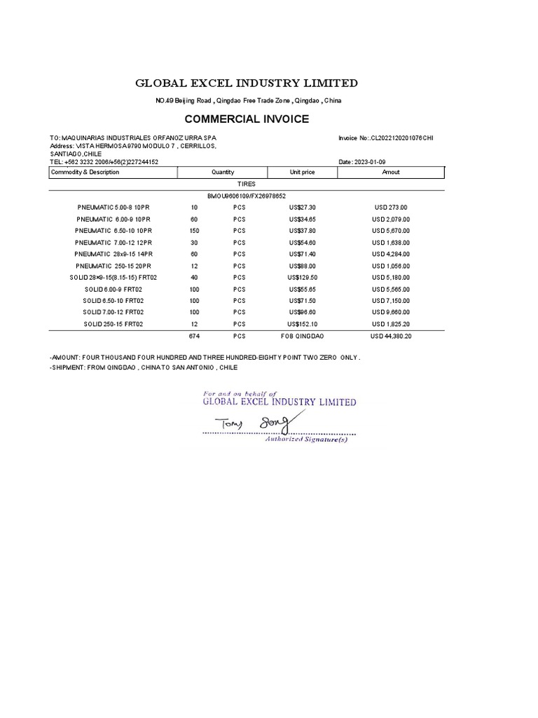 Commercial Invoice for Tires | PDF