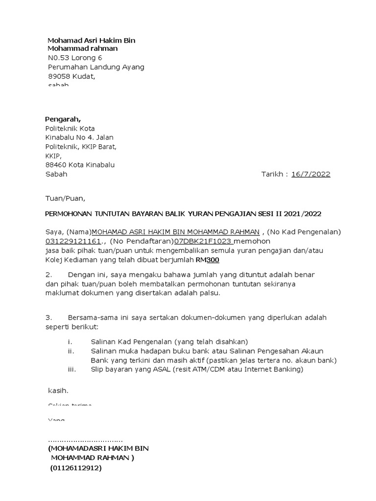 Surat Refund Yuran Salah Bayar | PDF