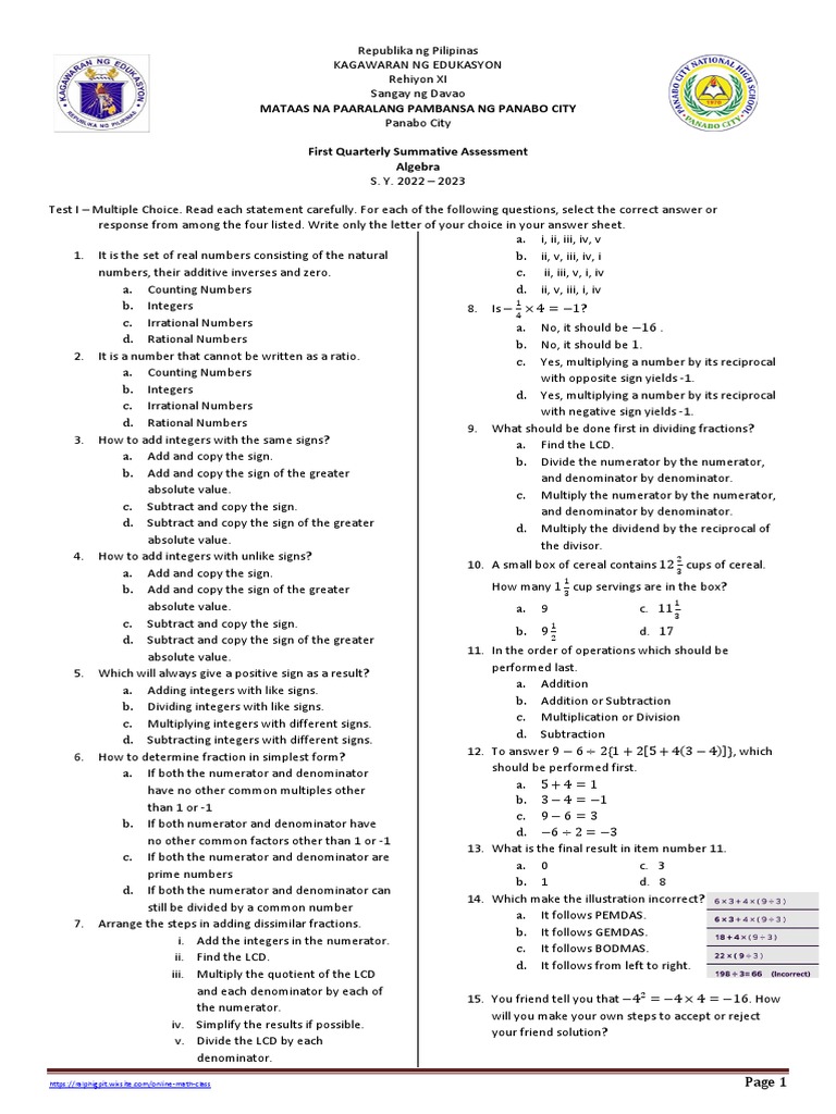 Algebra Quarterly Assessment 2022-2023 | PDF | Multiplication | Algebra