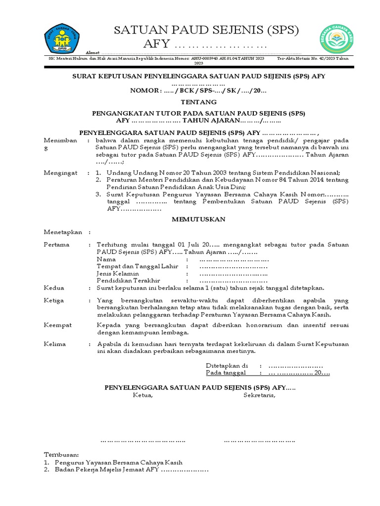 Pengangkatan Tutor PAUD Sejenis AFY | PDF