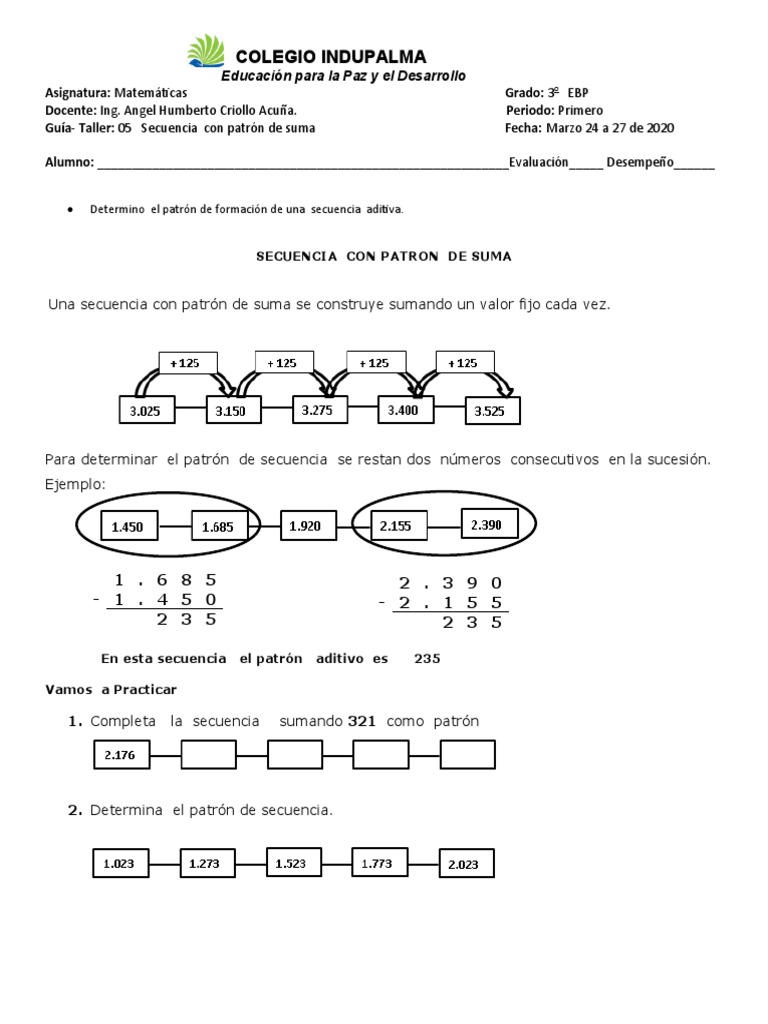 Grado 3 Matematicas Guia - Talle 5 Secuencia Con Patron de Suma | PDF Grado 3 Matematicas Guia - Talle 5 Secuencia Con Patron de Suma | PDF