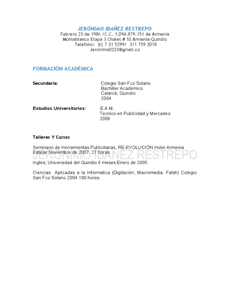 Hoja de Vida Jeronimo Ibañez | PDF