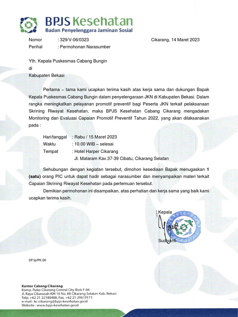 Surat Permohonan Narasumber BPS - Skrining | PDF