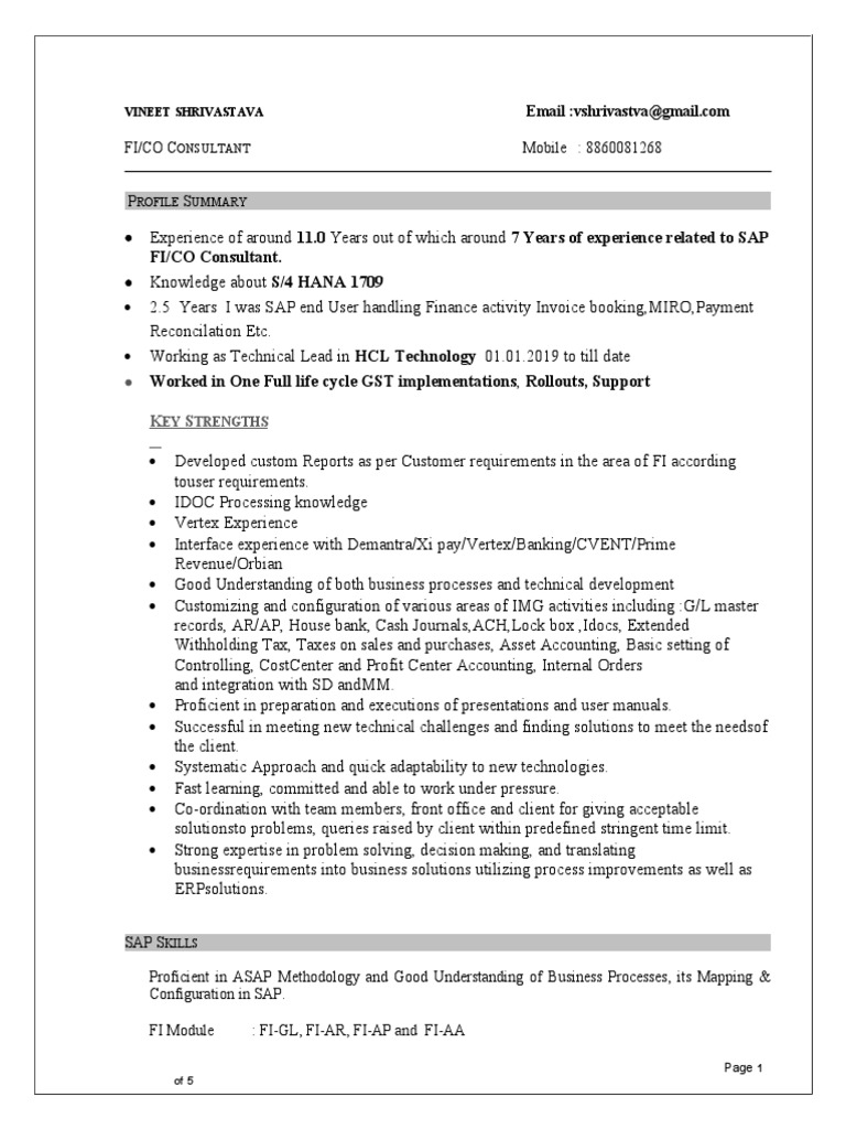 CV-Vineet Shrivastava SAP FICO | PDF | Accounts Payable | Consultant