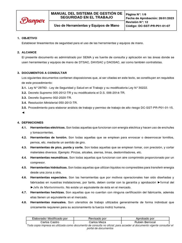 DC-SST-PR-P01-01-07 Uso de Herramientas y Equipos de Mano - Rev12 | PDF ...