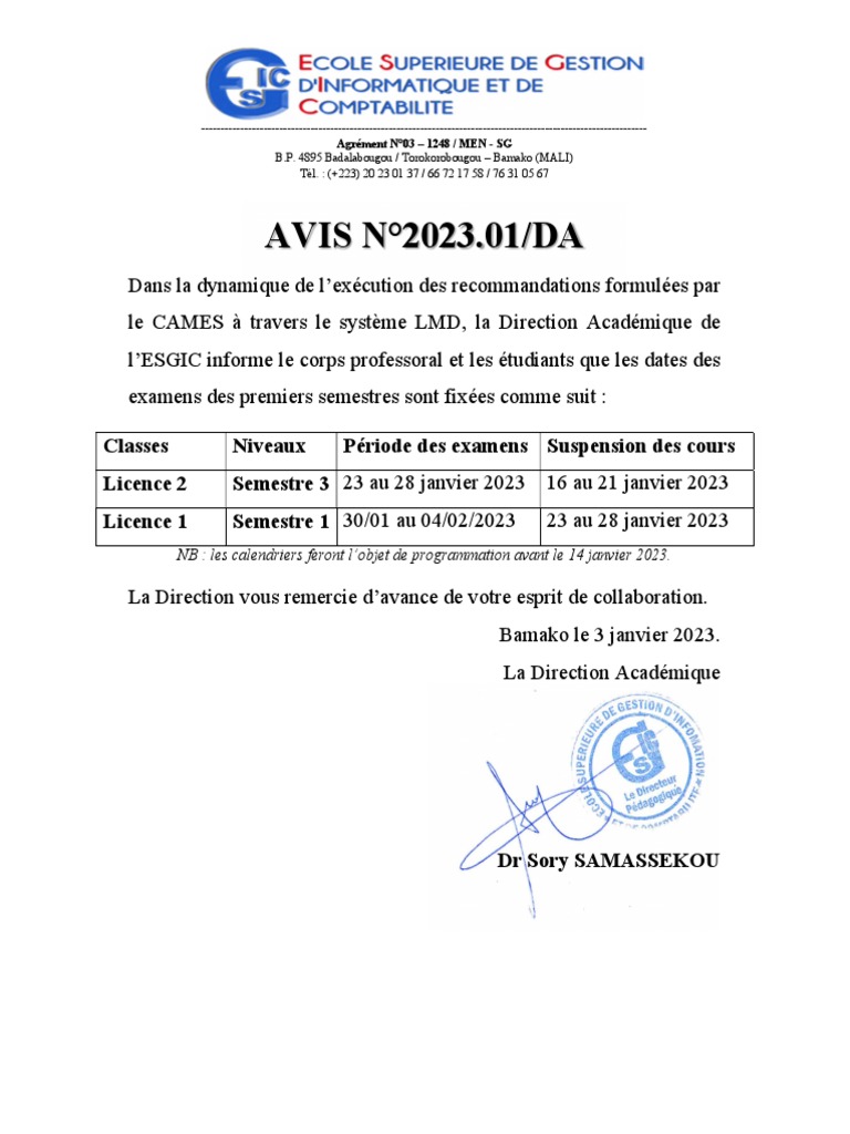 Calendrier Examens ESGIC 2023 | PDF