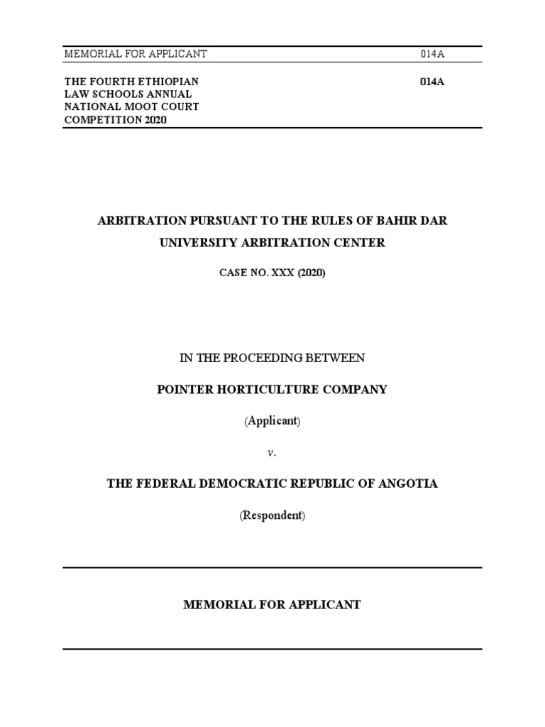 Moot Court MEMORIAL FOR APPLICANT | PDF | Arbitration | Damages