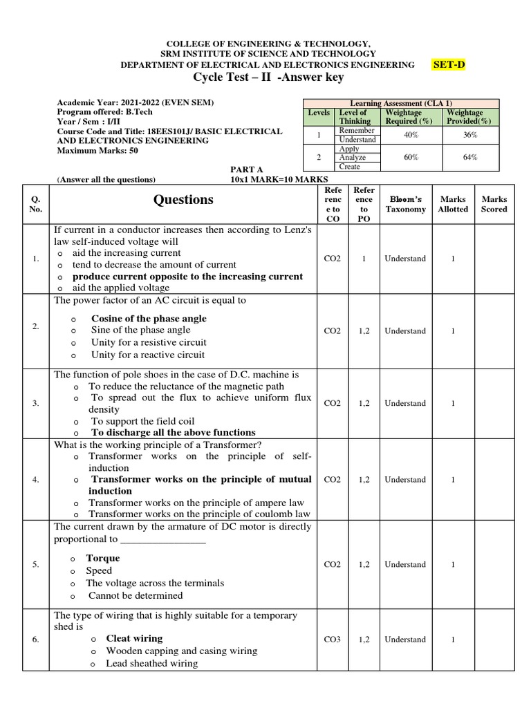 Ct 2 Set D Answer Key Pdf Inductor Electric Motor 