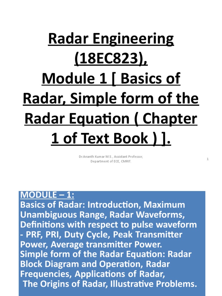 Module1 18EC823 Radar Engineering | PDF | Radar | Detector (Radio)