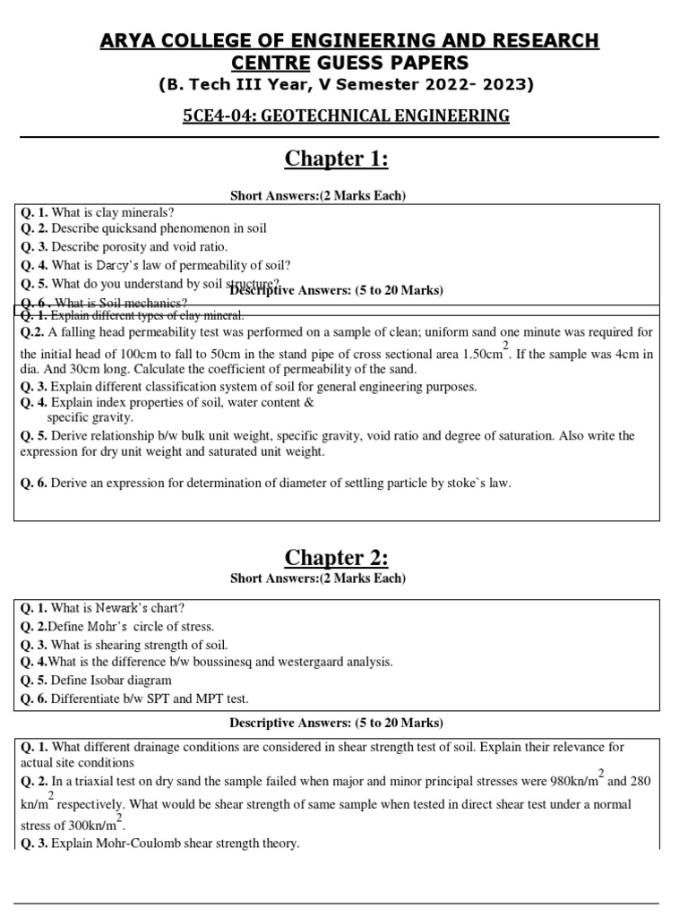 Geotechnical Engineering Guess Papers | PDF | Geotechnical Engineering ...
