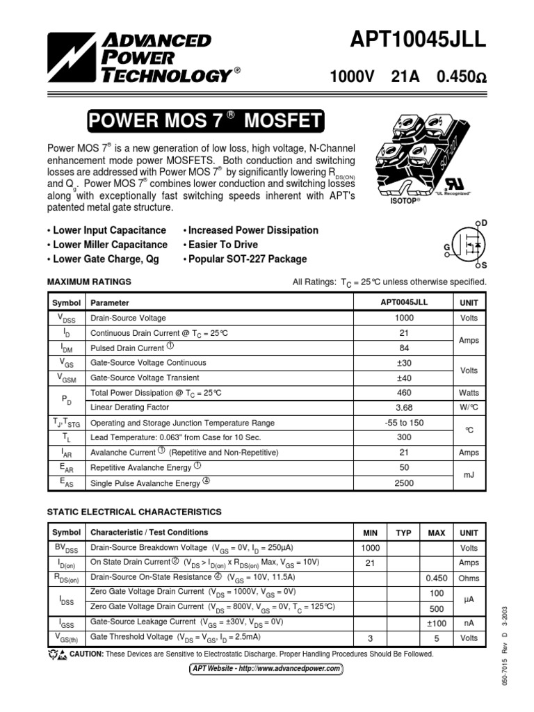 Microsemicorporation Apt10045jll Datasheets 2552 | PDF | Mosfet | Field ...