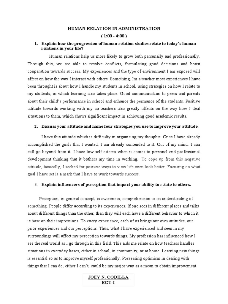 Human Relation in Administration Output No. 2 | PDF | Attitude ...