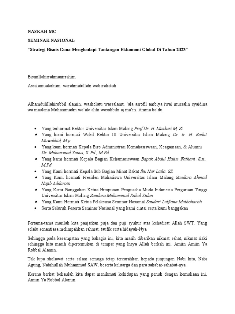 NASKAH MC SEMINAR NASIONAL FIX | PDF