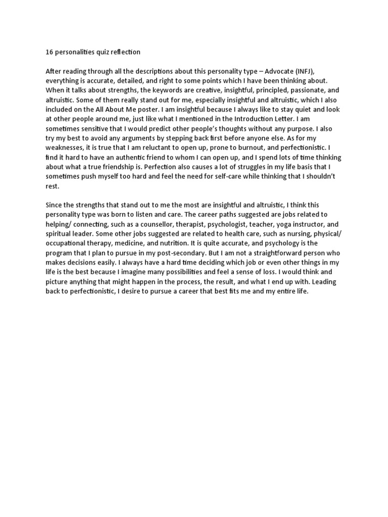 16 Personality Quiz Reflection | PDF