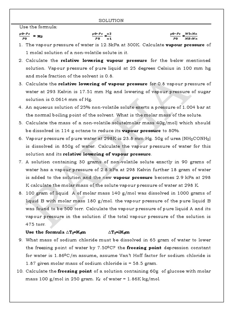 SOLUTION Numericals | PDF | Water | Mole (Unit)