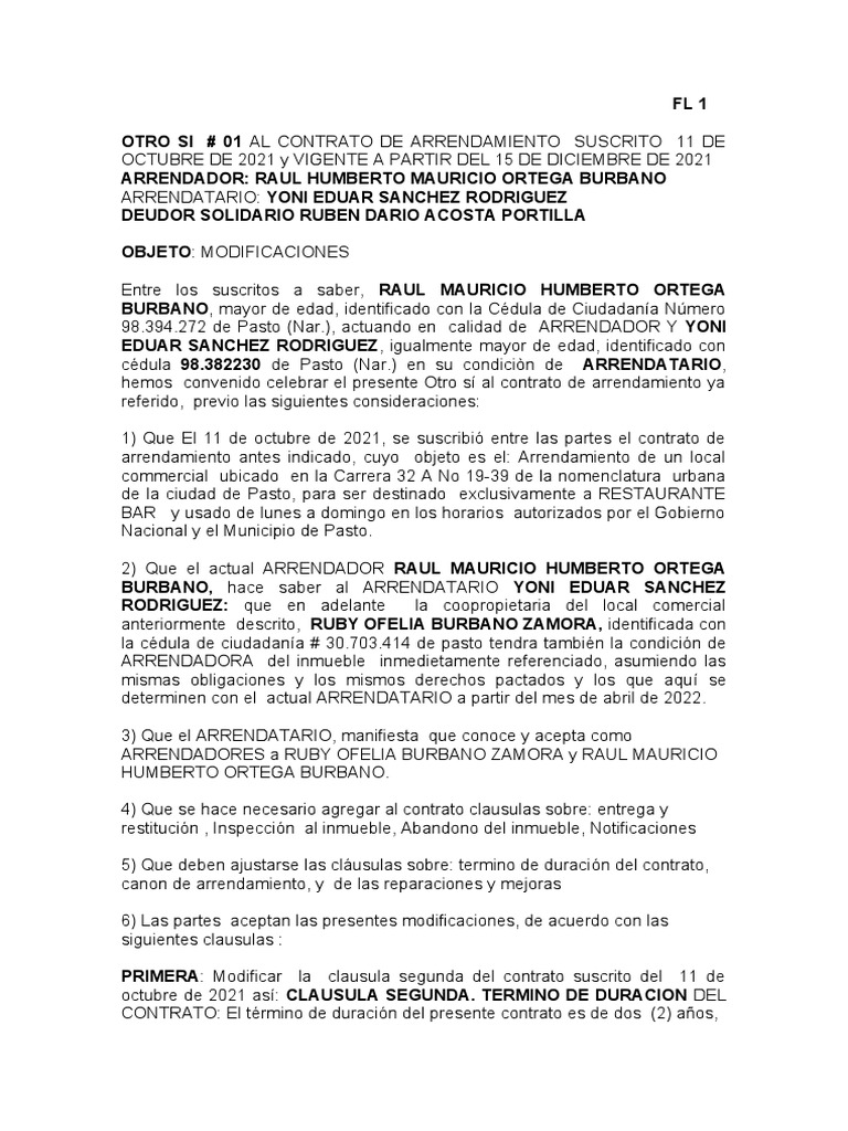 Modelo de Otrosi para Contrato de Arrendamiento | PDF | Derecho contractual | Derecho privado