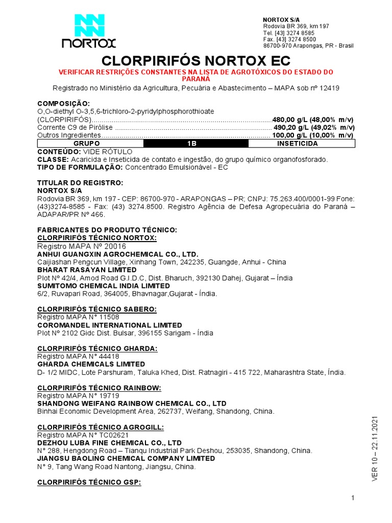 Clorpirifs Nortox Ec - Bula - Ver 10 - 22.11 - Adapar | PDF ...