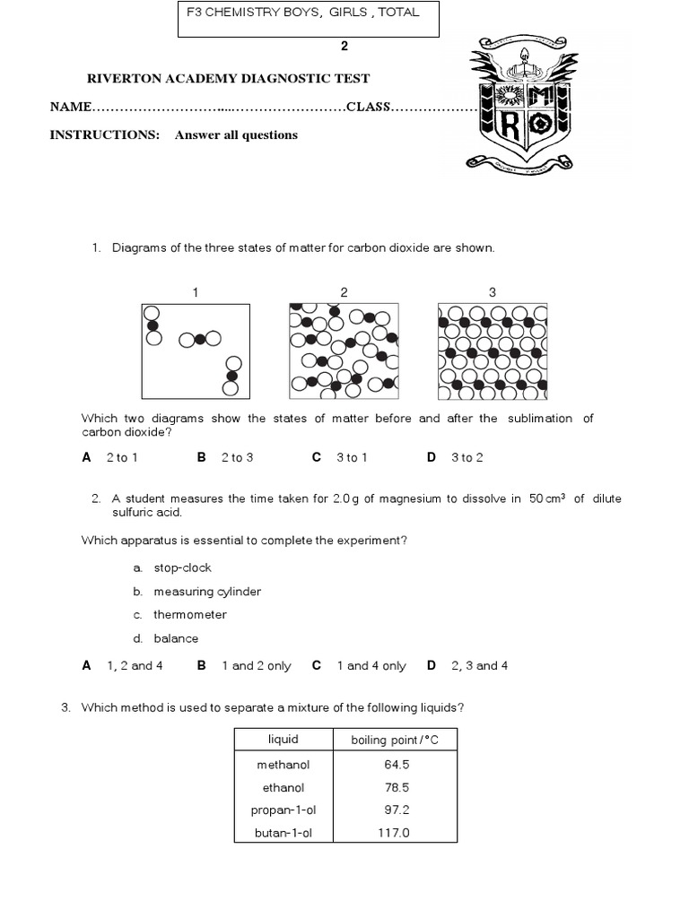 Diagnostic Test F3 CHEMISTRY | PDF | Chlorine | Sodium