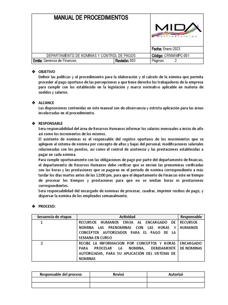 Formato de Manual de Procedimientos Nominas | PDF | Gestión de recursos humanos | Salario