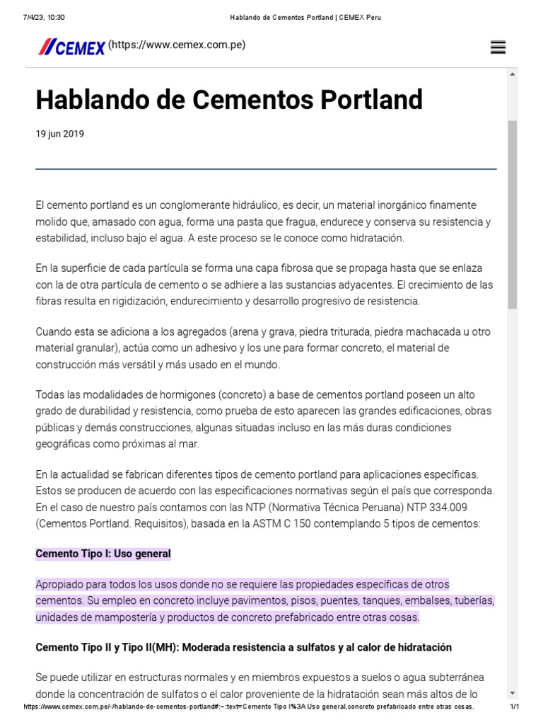 Hablando de Cementos Portland - CEMEX Peru | PDF | Hormigón | Cemento