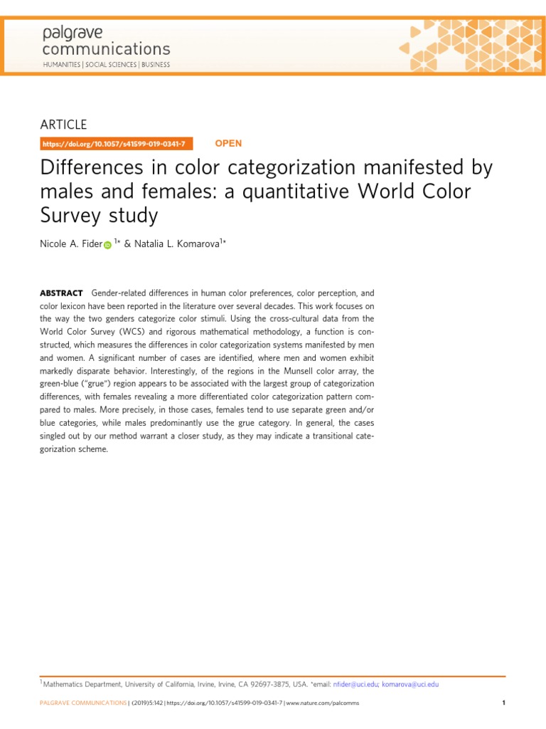 Differences in Color Categorization Manifested by Males and Females | PDF | Color | Cognitive ...
