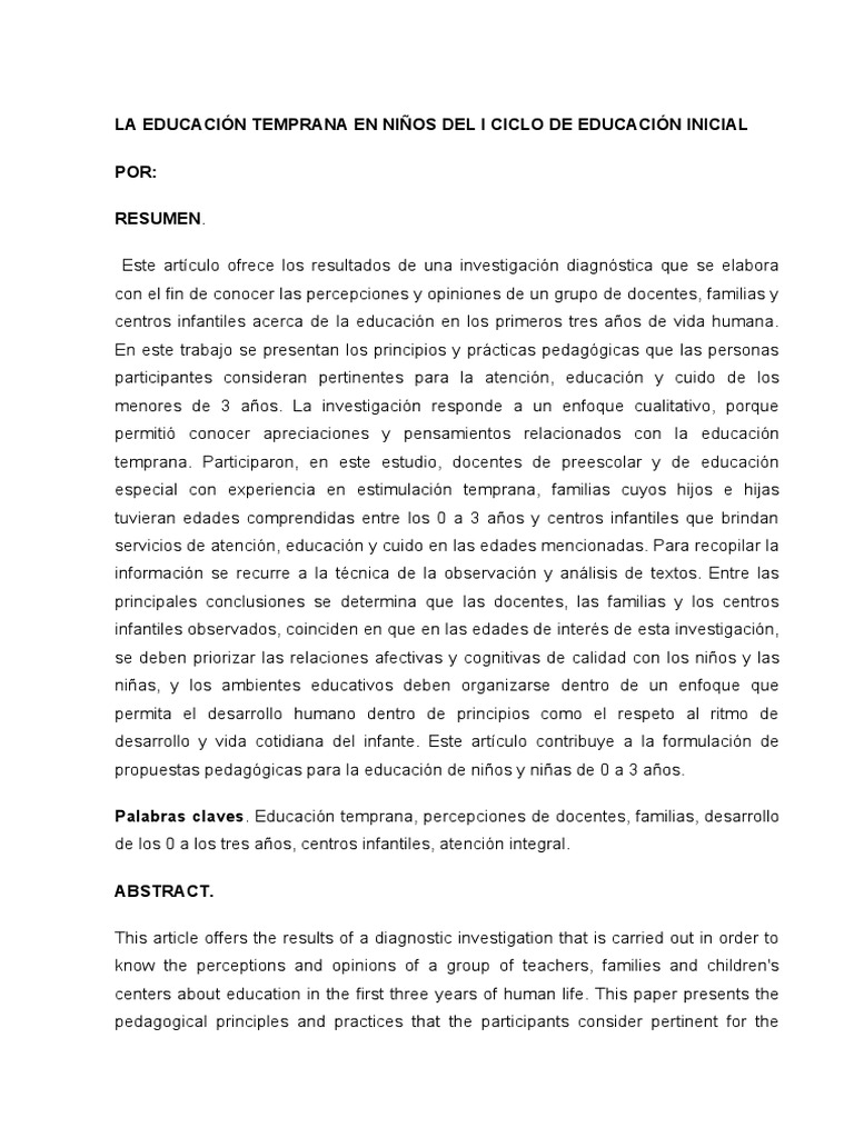 La Educacion Temprana Articulo | PDF